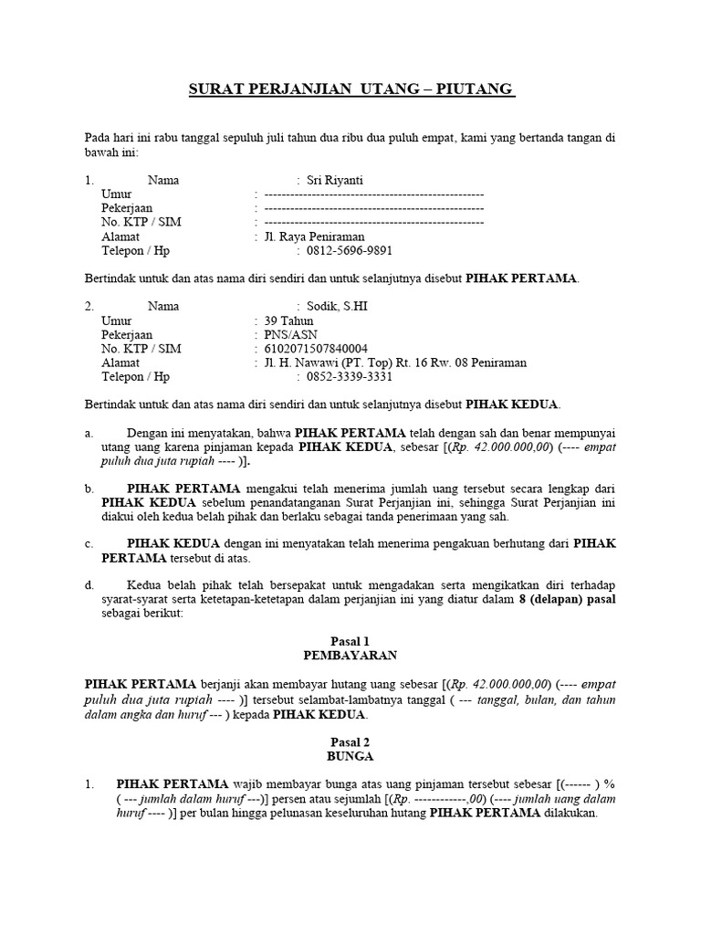 Contoh Surat Perjanjian Utang Piutang FH UII | PDF