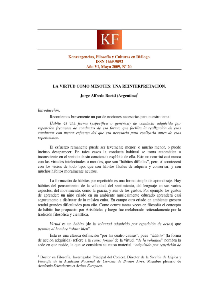 Roetti, J. A. La Virtud Como Mesotes | PDF | Virtud | Valor