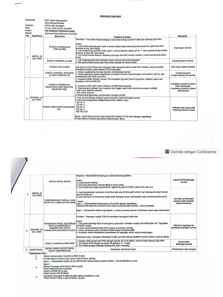 Service Report Electronic General Check Docking KM. ARMADA PERMATA (APE) | PDF