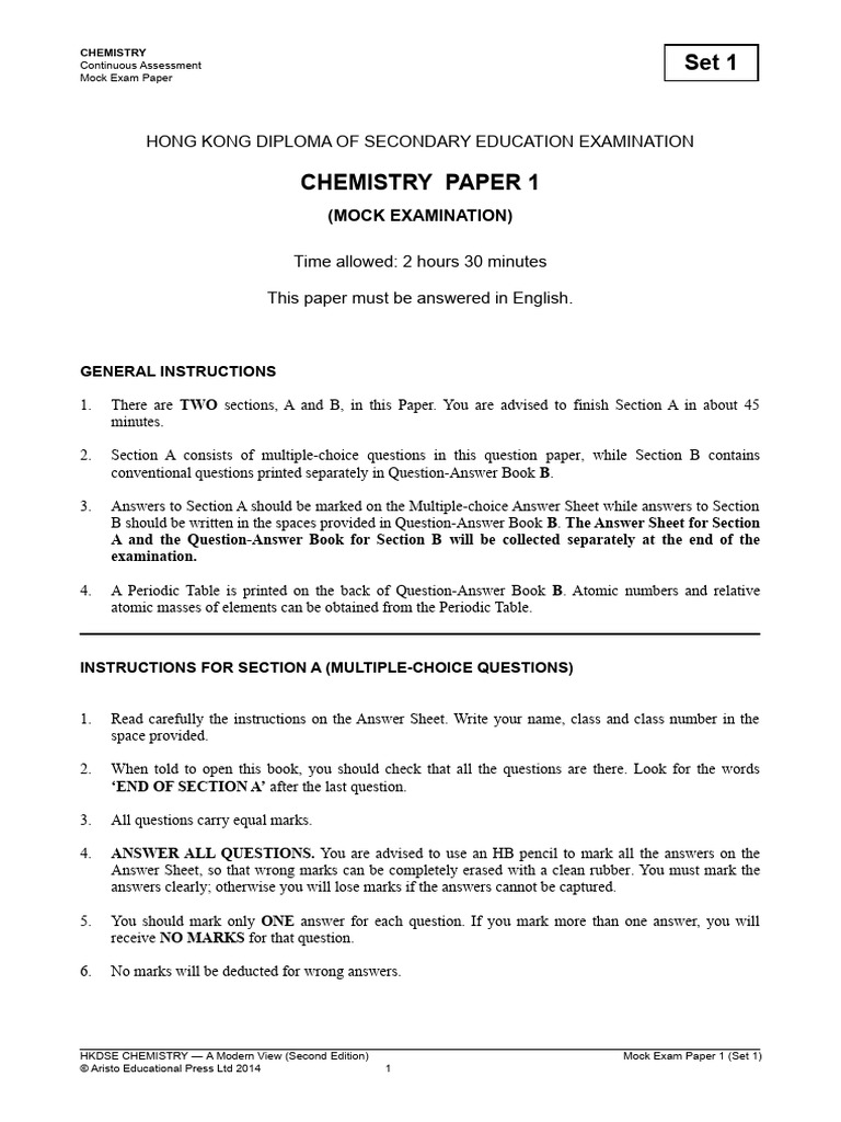 2CA S6 Mock Exam Paper 1 2014 Set 1 Eng | PDF | Chemistry | Oxide
