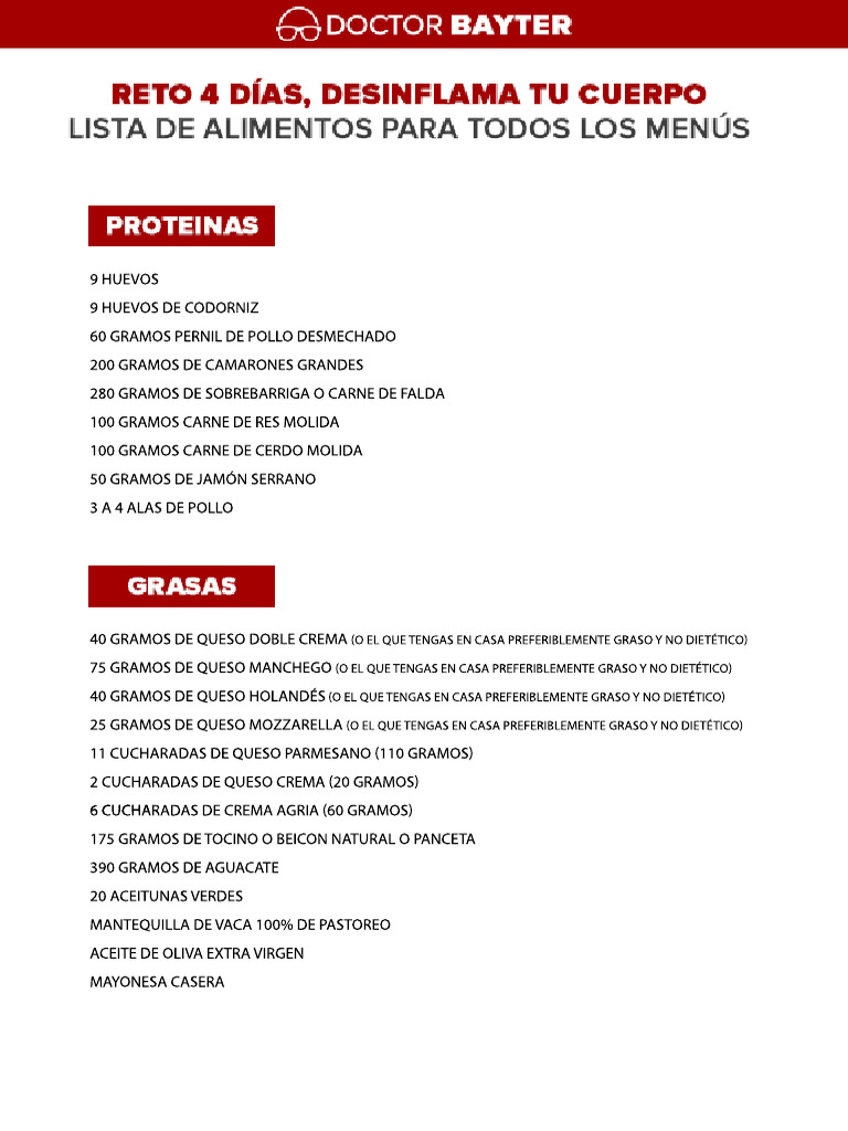 Lista de Alimentos Reto 4 Doctor Bayter | PDF | Postres | Cocina