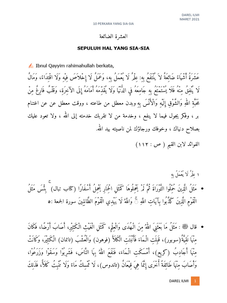 10 Hal Yang Sia-Sia Arabic | PDF