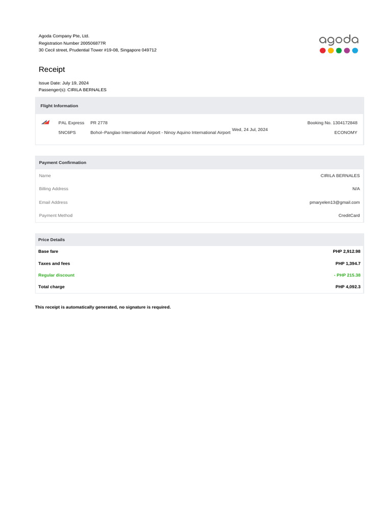 Agoda Booking ID 1304172848 Receipt | PDF