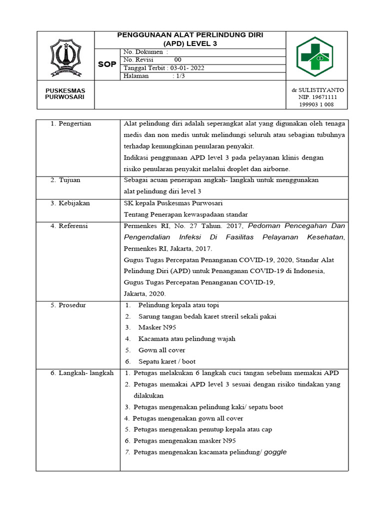 Sop Penggunaan Apd Level 3 | PDF | Sains & Matematika