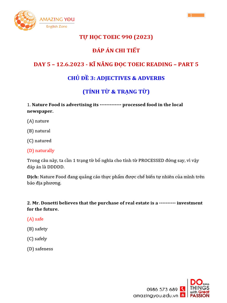 TOEIC Reading Part 5 (Tính T & TR NG T ) | PDF