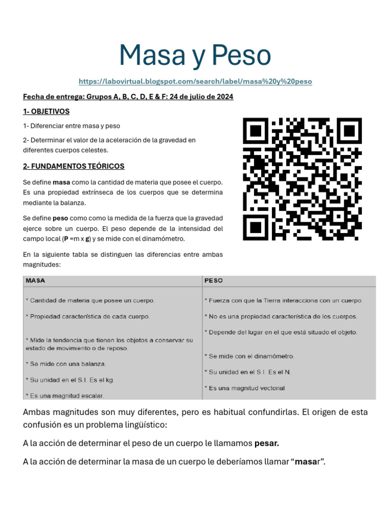 Masa vs Peso: Experimentos y Teoría | PDF | Peso | Masa