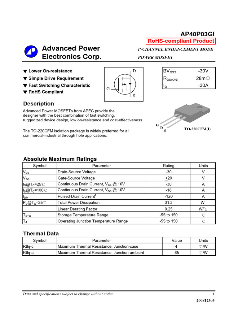 40P03GI-Advanced Power Electronics | PDF | Field Effect Transistor | Mosfet