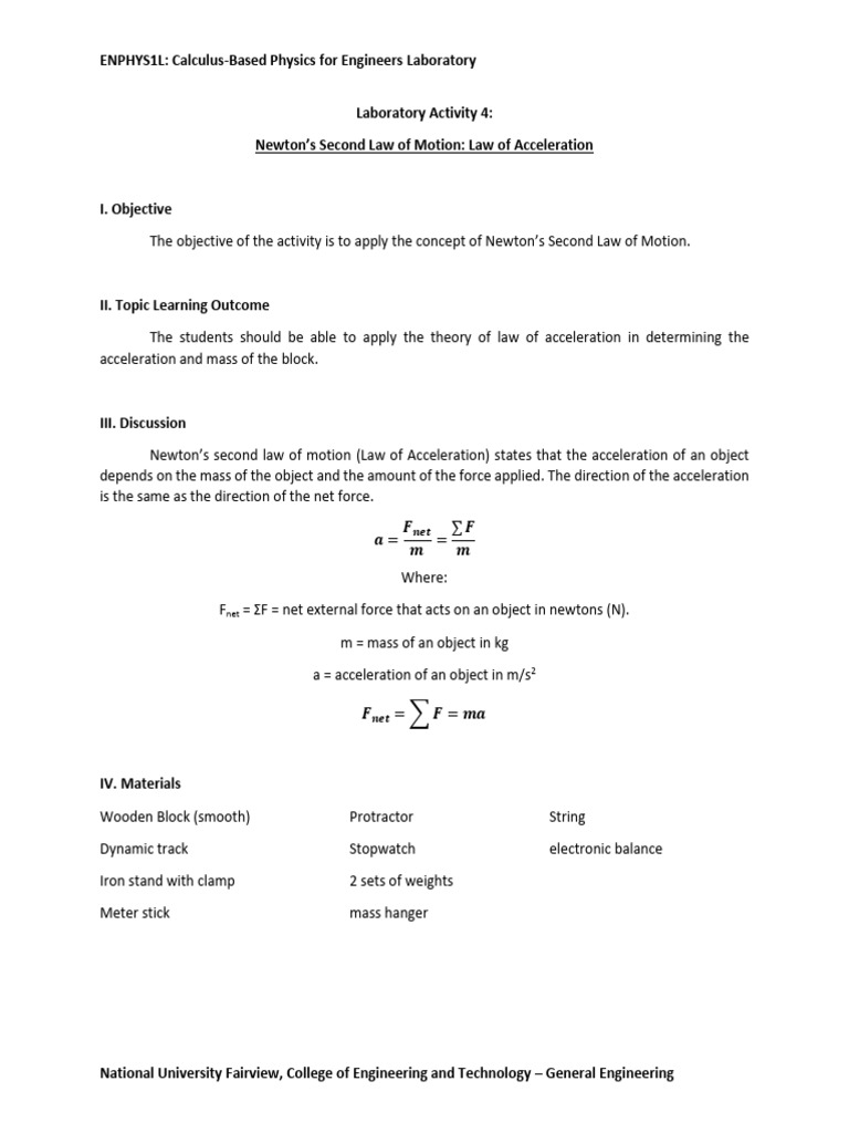 Laboratory Activity 4 ENPHYS1L Law of Acceleration | PDF | Mass | Force