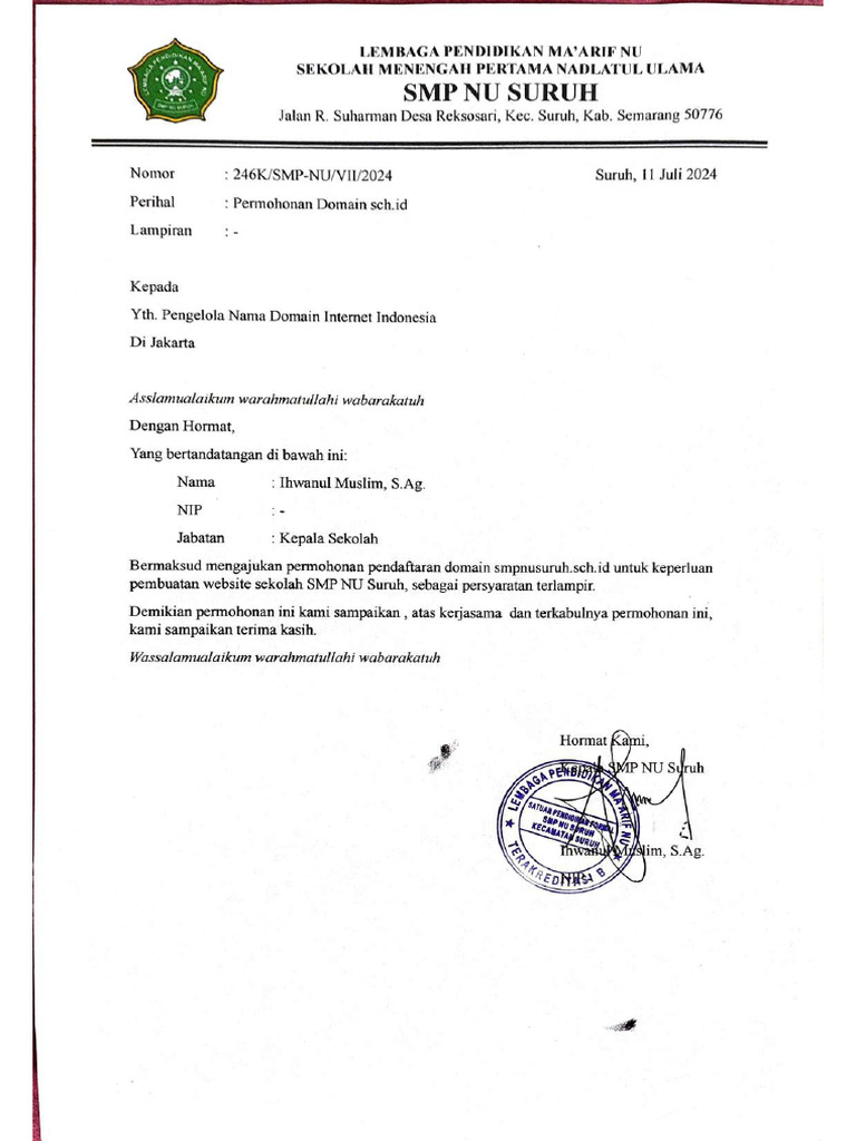 Surat Permohonan SMP NU | PDF