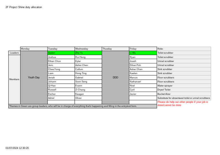 2F Project Shine Duty Allocation - Google Sheets | PDF