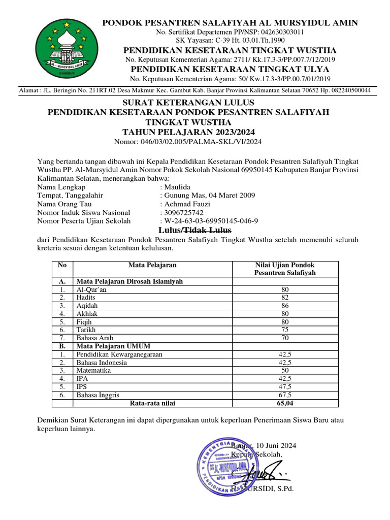 Surat Keterangan Lulus Wustha Al Mursyidul Amin | PDF