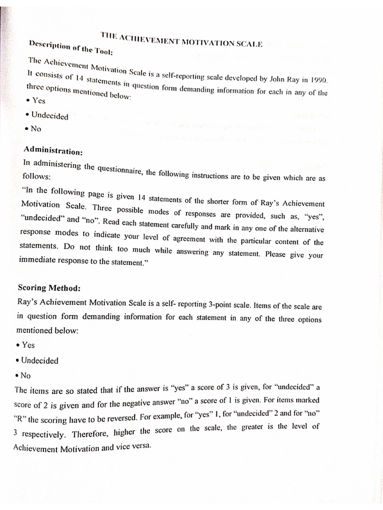 Achievement Motivation Scale Manual | PDF