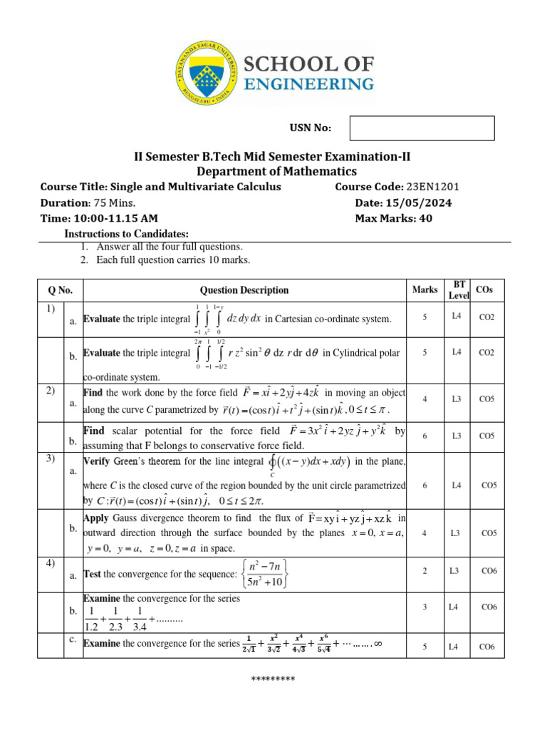 MC - MSE-II Question Paper and Solution | PDF | Integral | Calculus