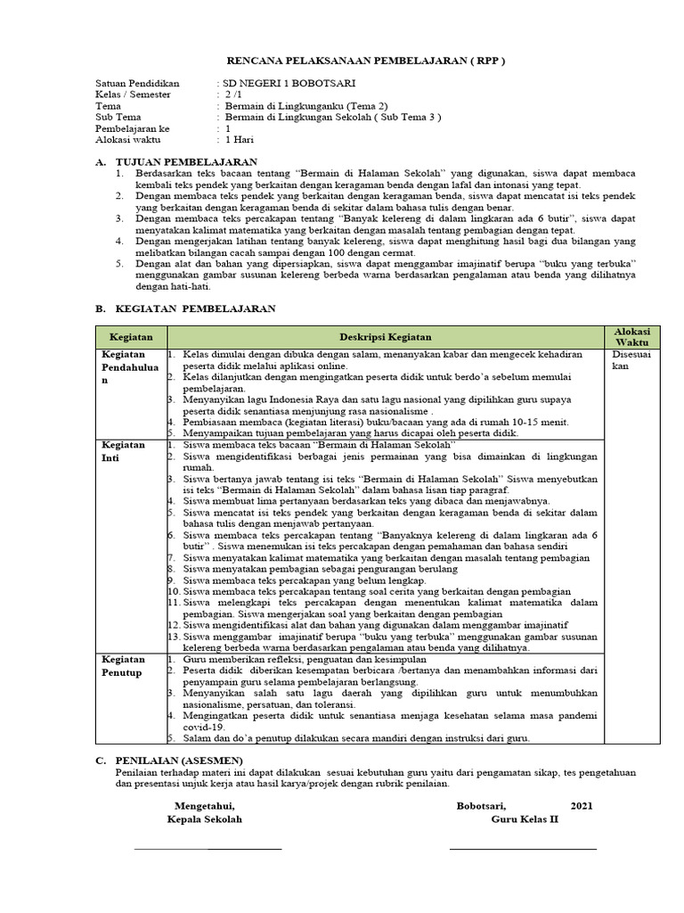 RPP Daring Kelas 2 Tema 2 ST 3 | PDF