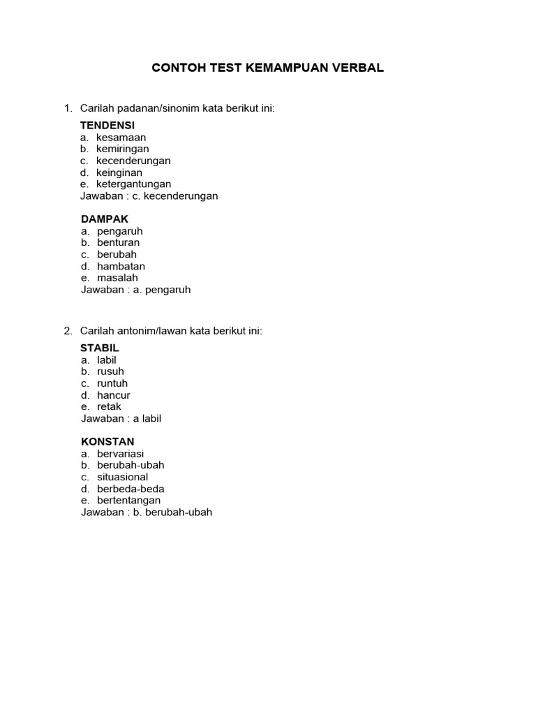 Contoh Soal Tes Kemampuan Verbal dan Numerik | PDF | Metode & Bahan Ajar