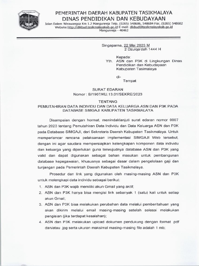 Surat Pemutakhiran Data Individu ASN+P3K-1 | PDF