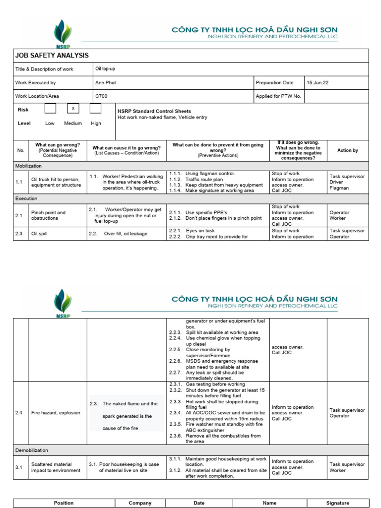 JSA For Fuel Top-Up of Equipment - Final | PDF | Safety | Occupational ...