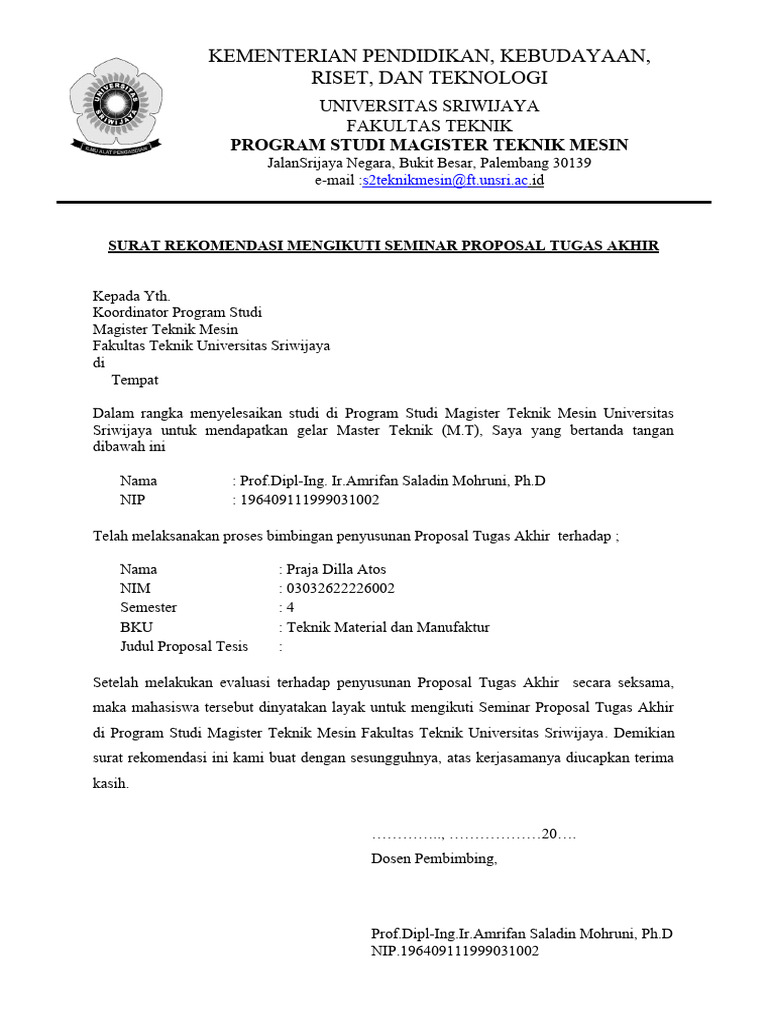 Surat Rekomendasi Mengikuti Seminar Proposal-2021 | PDF