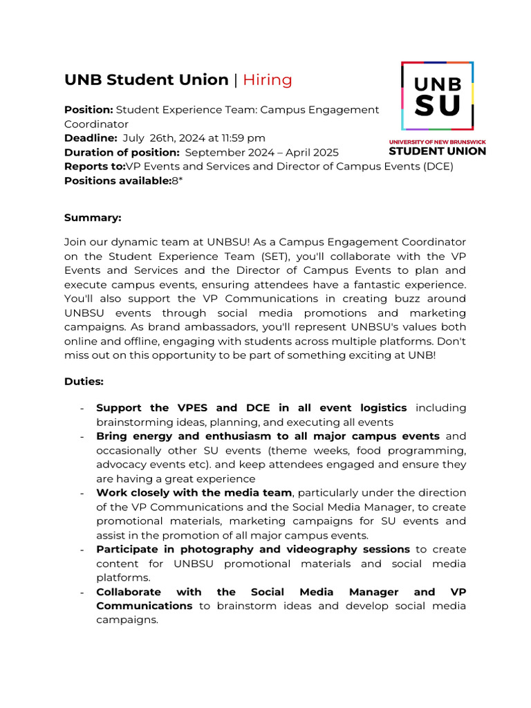 UNB Student Union Campus Engagement Role | PDF | Social Media | Popular ...
