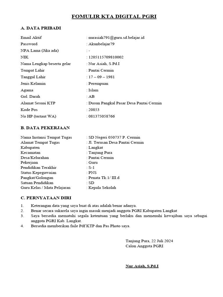 Fomulir Kta Digital Pgri SD Negeri 050737 P. Cermin | PDF