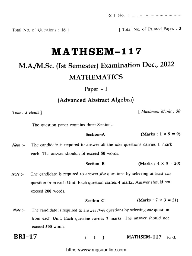 Ma MSC 1 Sem Mathematics Advanced Abstract Algebra Mathsem 117 Dec 2022 ...