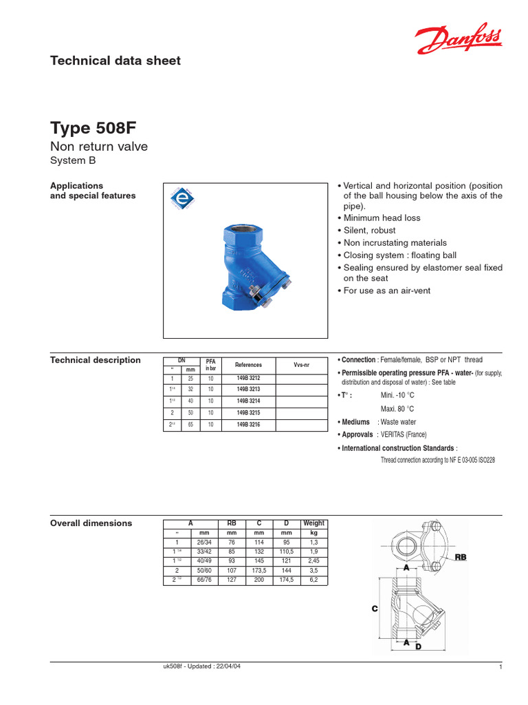 Danfoss Non Return Valve Uk508f | PDF | Materials | Mechanical Engineering Danfoss Non Return Valve Uk508f | PDF | Materials | Mechanical Engineering