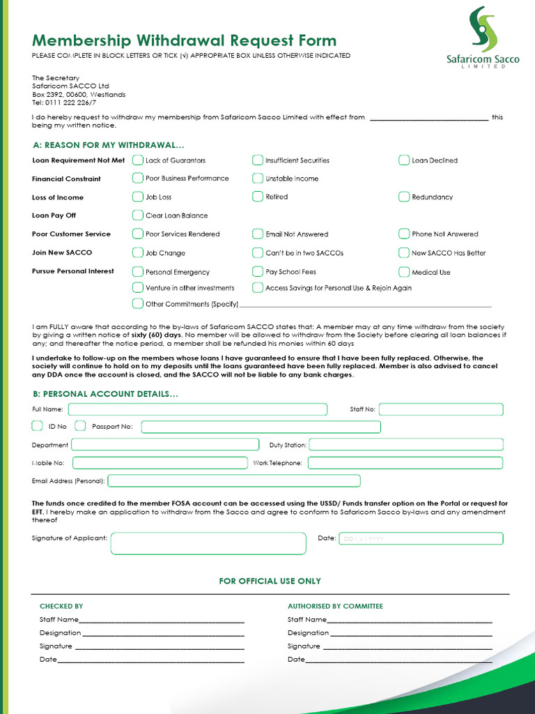 SACCO Membership Withdrawal Request Form 002 | PDF | Credit Union | Money