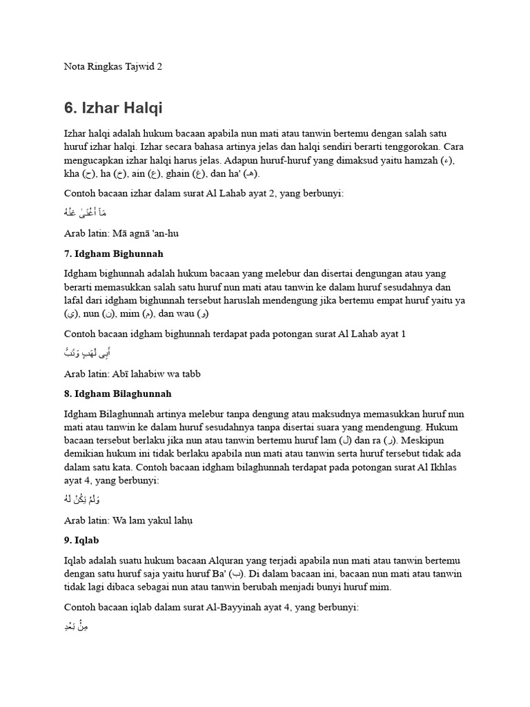 Nota Ringkas Tajwid 2 | PDF