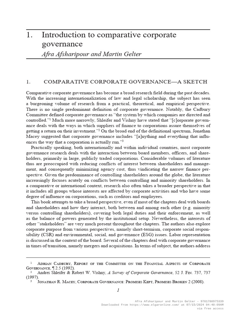 Introduction To Comparative Corporate Governance: Afra Afsharipour and Martin Gelter | PDF ...