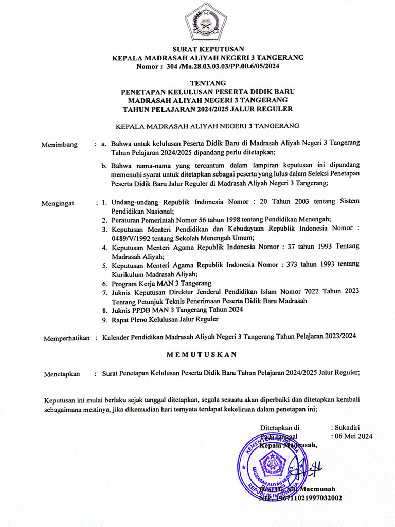 Pengumuman Kelulusan PPDB Jalur Reguler Tahun Pelajaran 2024-2025 | PDF