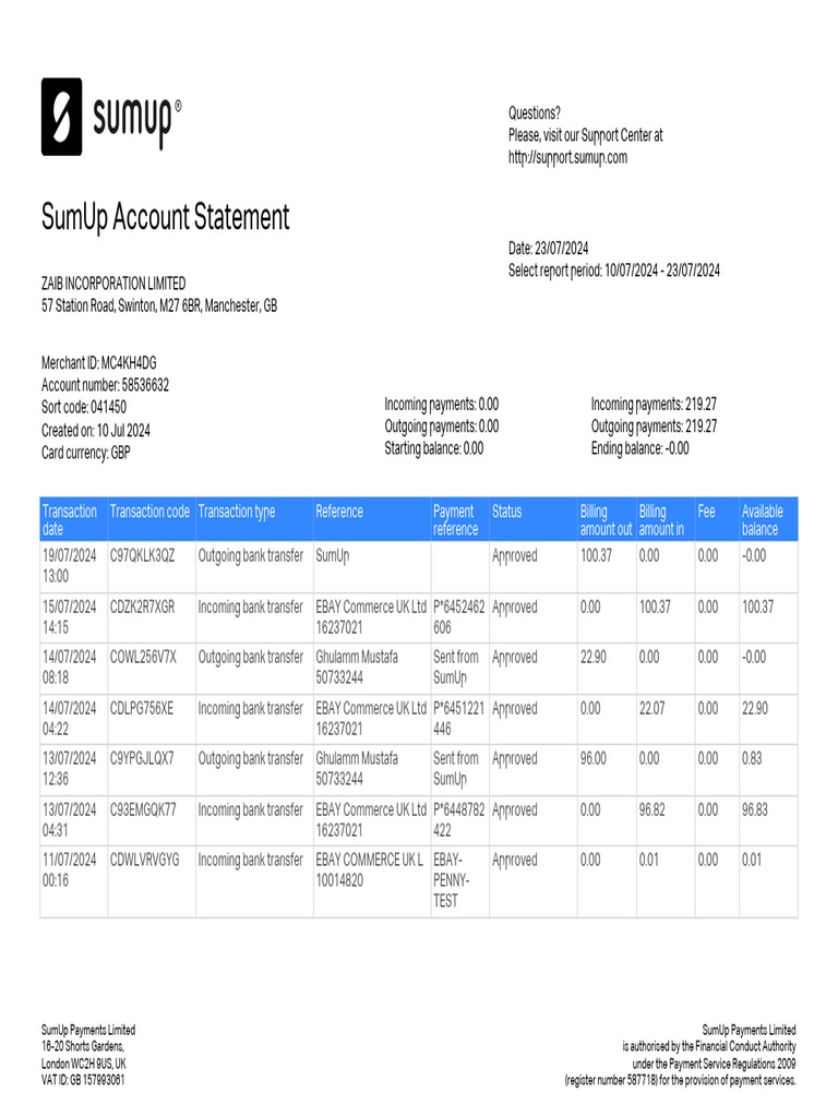 SumUp Account Statement July 2024 | PDF | Wire Transfer | Payments