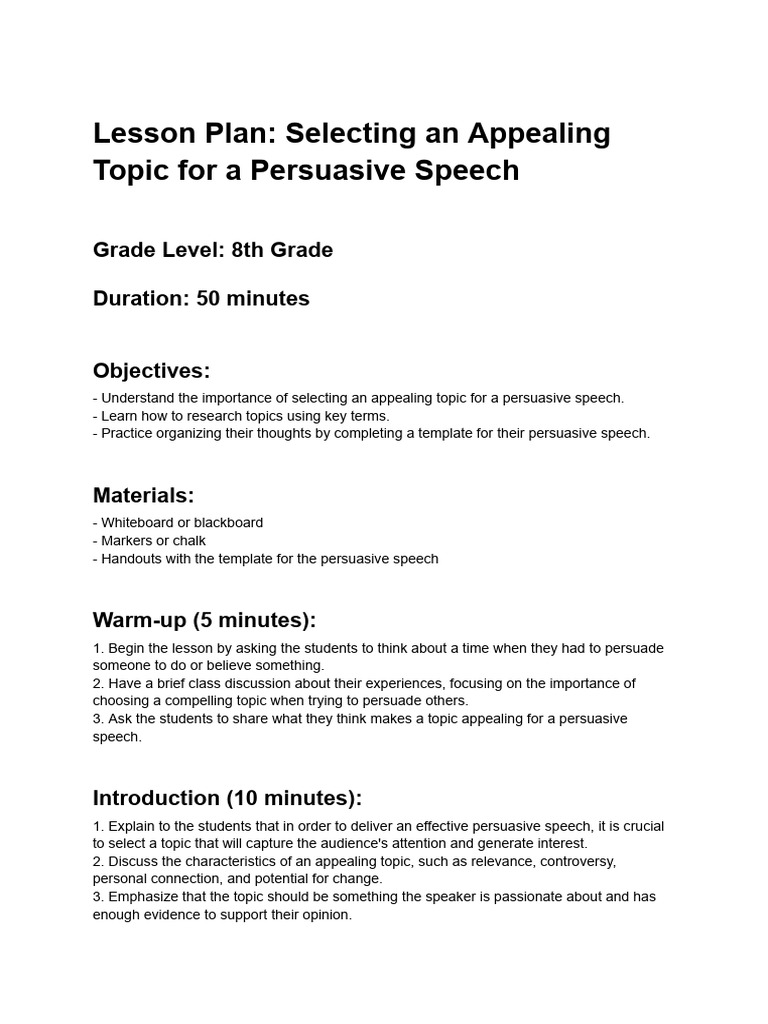 Lesson Plan - Selecting An Appealing Topic For A Persuasive Speech ...