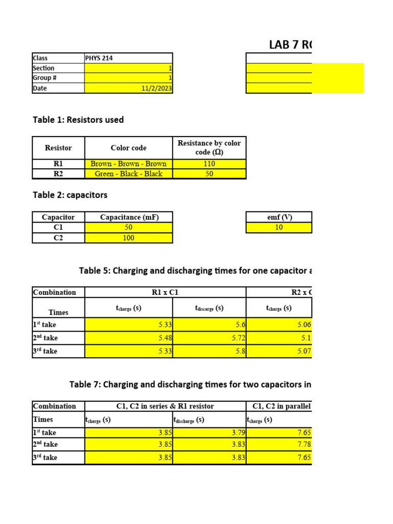 Lab 7 RC Circuit Data - Sheet | PDF | Capacitor | Resistor