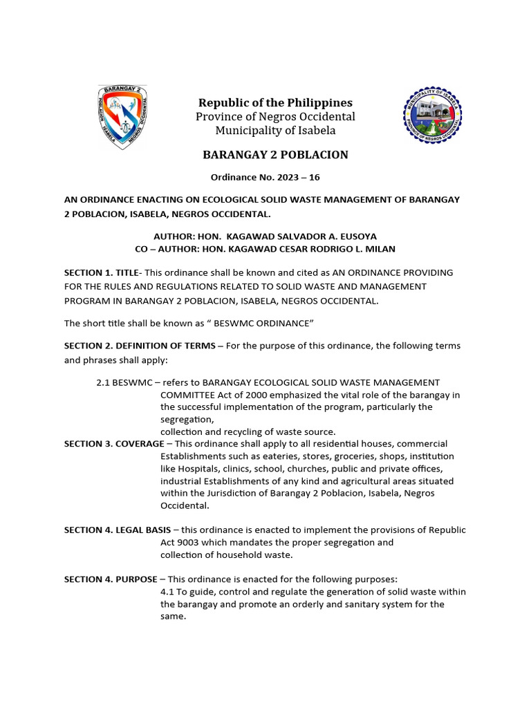 Barangay Ordinance No. 2018-02 (Beswmc Ordinance) | PDF | Waste ...