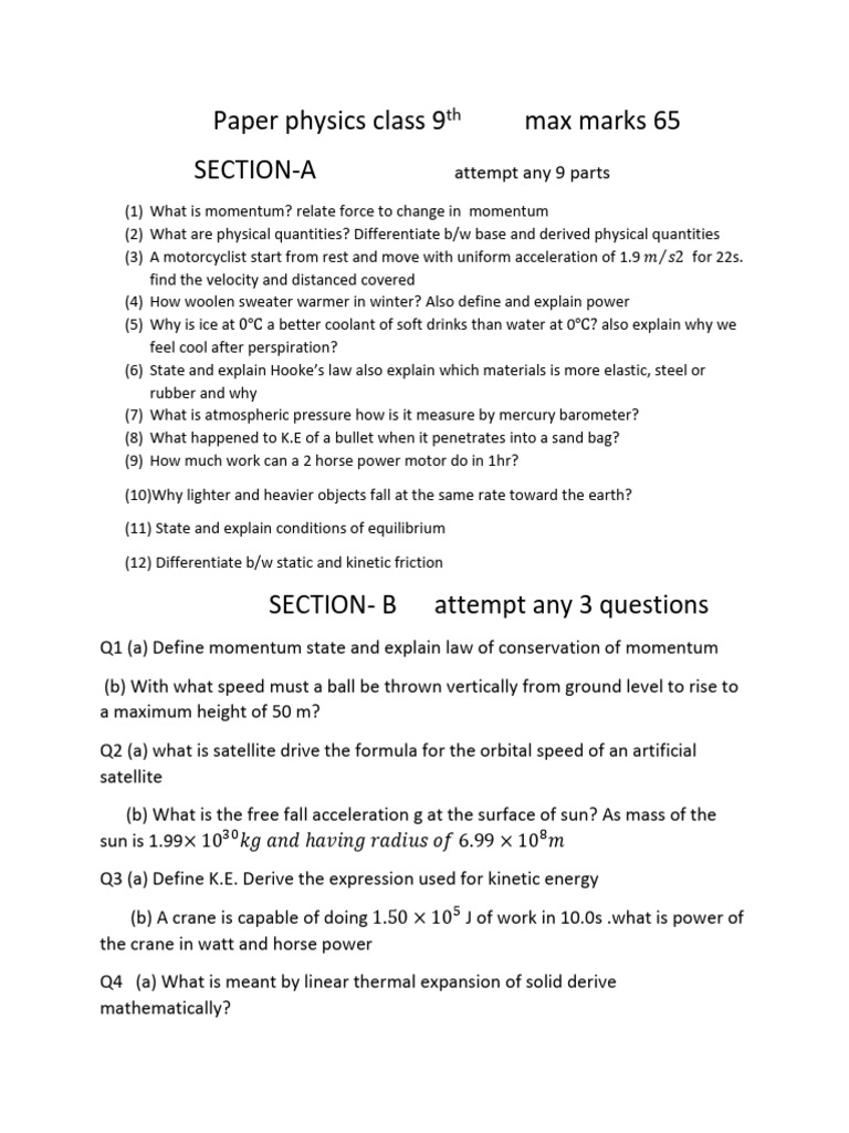 Paper Physics Class 9th | PDF