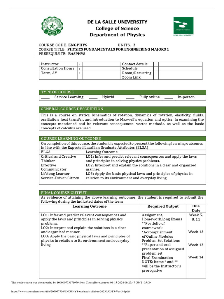 ENGPHYS Syllabus | PDF | Waves | Reflection (Physics)