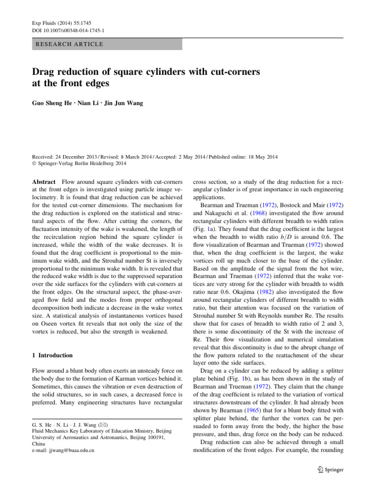 Drag Reduction of Square Cylinders With Cut-Corners | PDF | Vortices ...