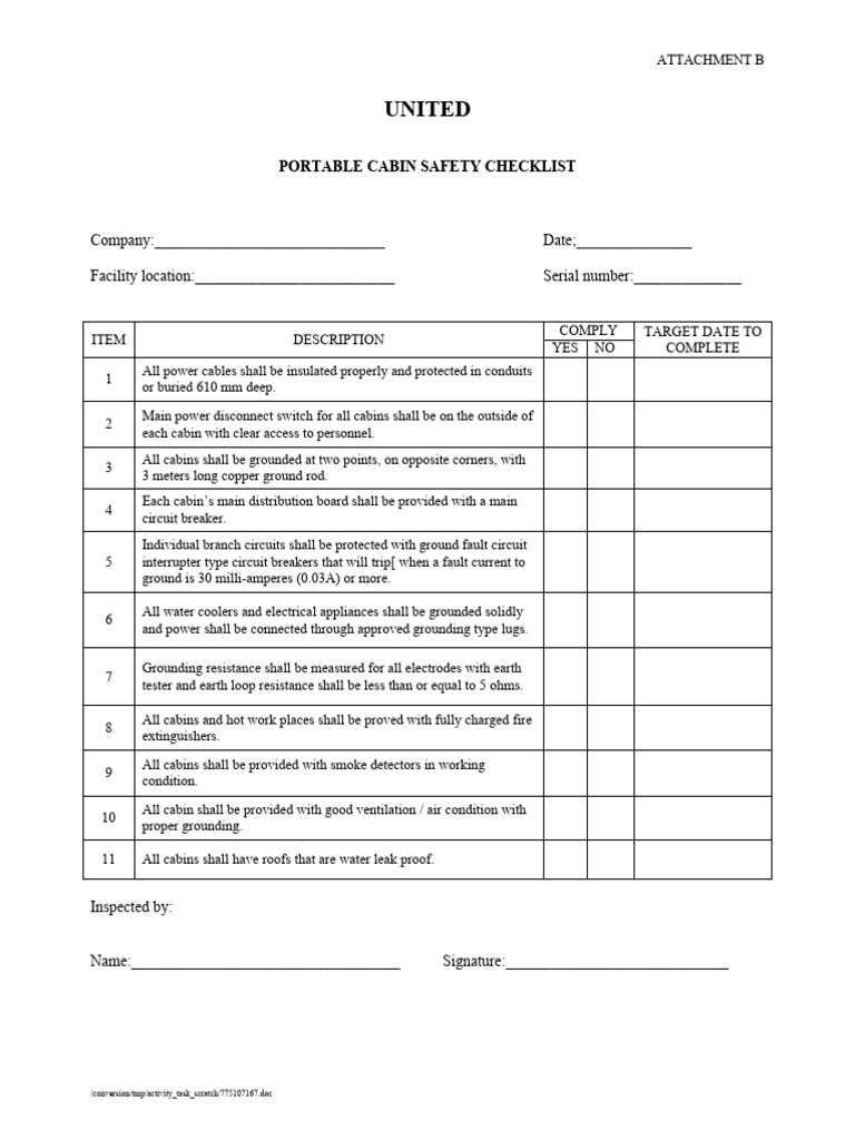 Portable Cabin Safety Checklist | PDF | Electrical Equipment | Equipment