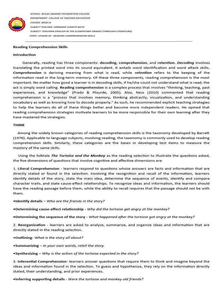 Lesson 18 - Reading Comprehension | PDF | Reading Comprehension | Learning