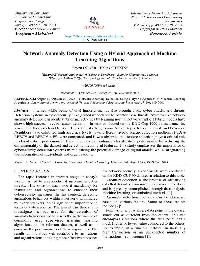 Network Anomaly Detection Using A Hybrid Approach of Machine H Öztekin ... Network Anomaly Detection Using A Hybrid Approach of Machine H Öztekin ...