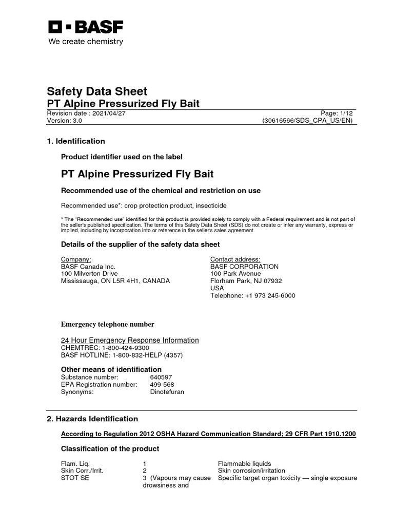 PT Alpine Fly Bait Safety Data Sheet | PDF | Toxicity | Dangerous Goods
