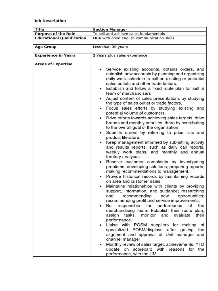 Section Manager Job Description | PDF | Sales | Pricing