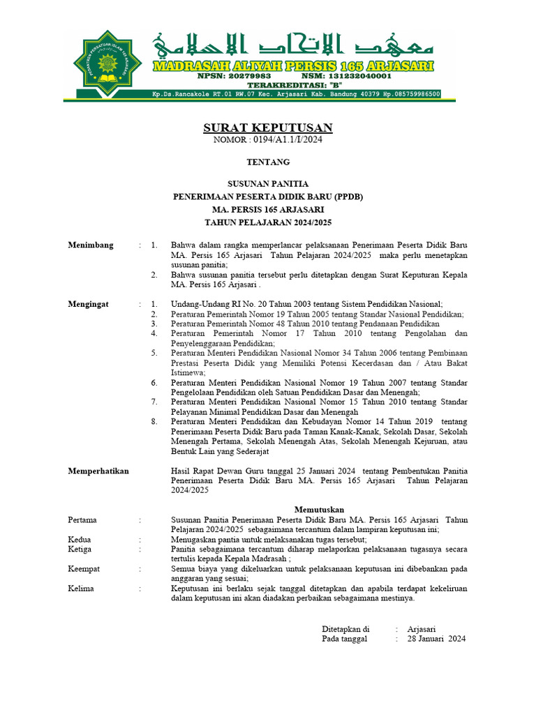 SK PPDB Ma Persis 165 Arjasari 2024 | PDF