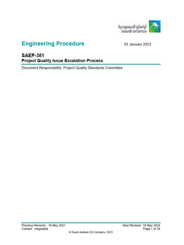 SAEP-381 - Project Quality Issue Escalation Process Issue Date 03 January 2023 Next Revision 18 ...