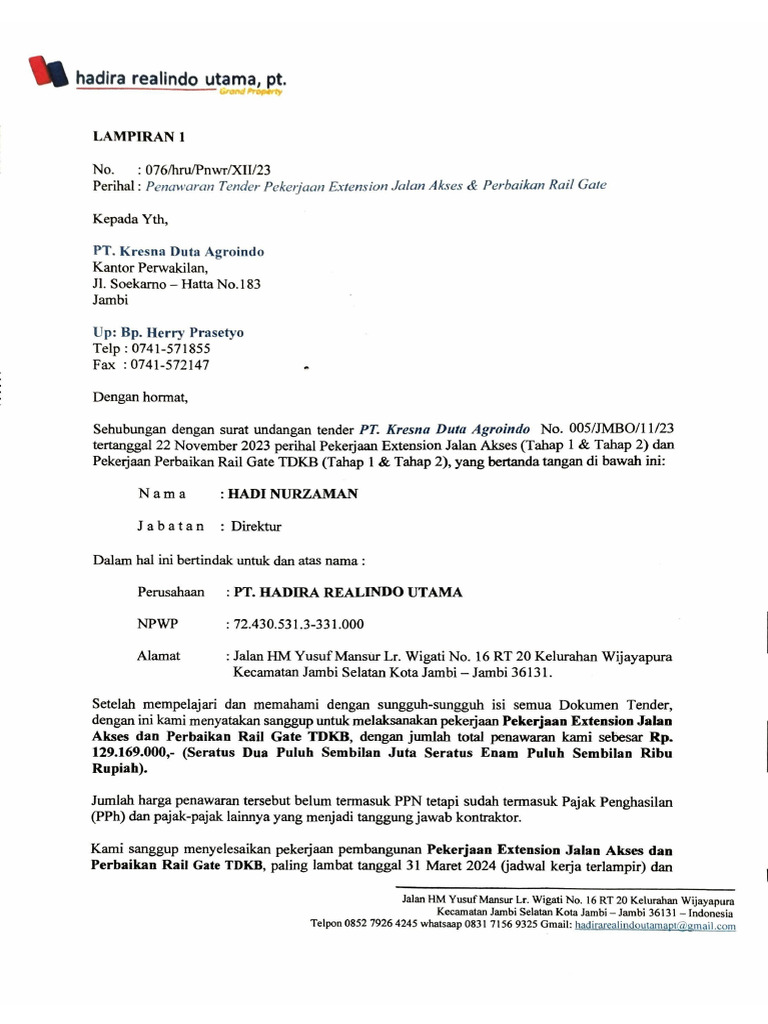 Softcopy Tender Extension Jalan Akses Dan Perbaikan Railgate TDKB | PDF