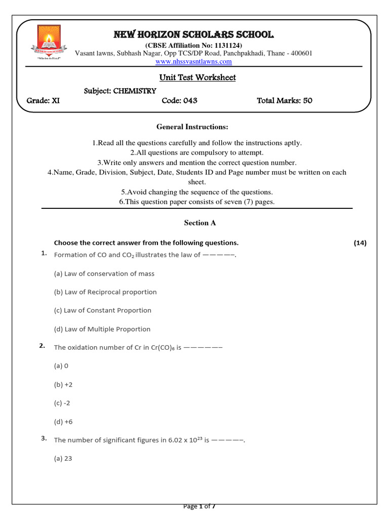 Revision Worksheet of Unit Test1 - Grade 11 - Subject Chemistry - 2024 ...