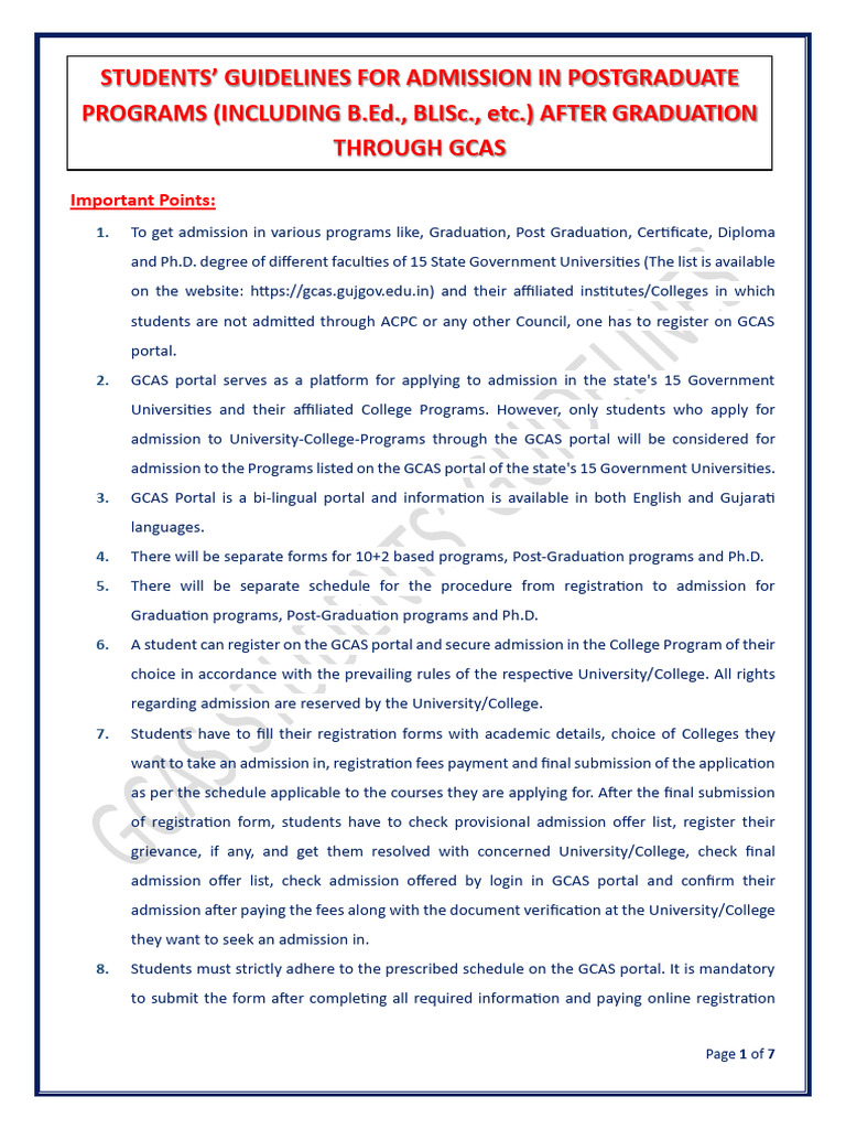 Students' Guidelines For Admission in Postgraduate Programs (Including B.Ed., Blisc., Etc ...