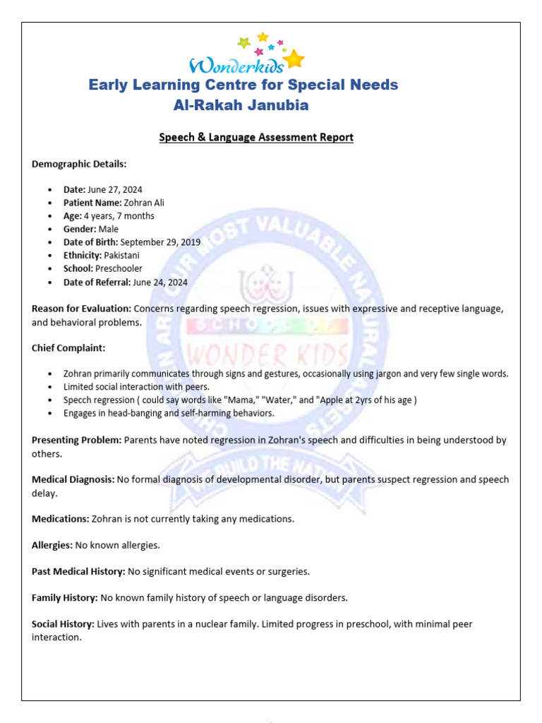 2 Zohran Speech & Language Assessment Report | PDF | Speech | Communication