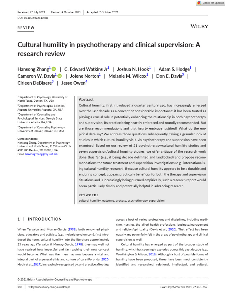 Cultural humility in psychotherapy and clinical supervision A research ...