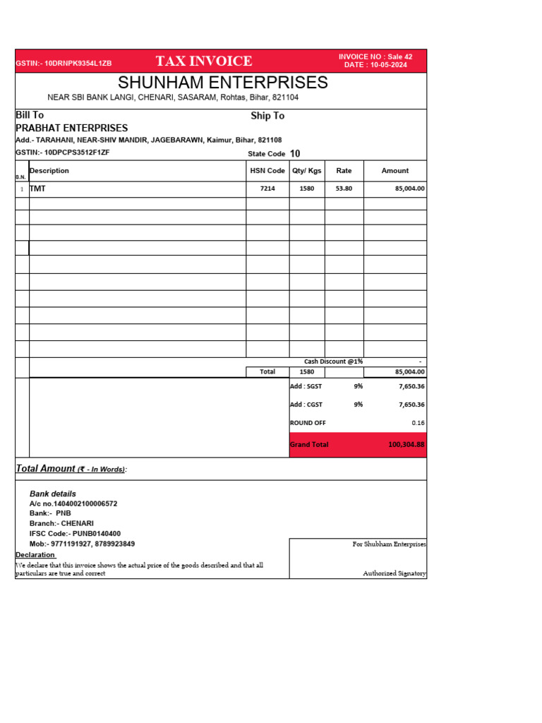GST Tax Invoice for Prabhat Enterprises | PDF